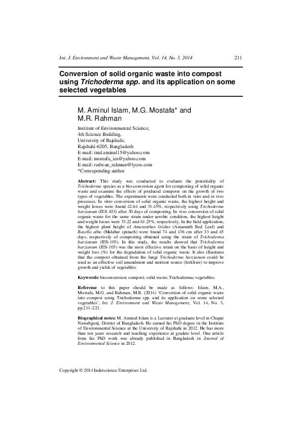 (PDF) Conversion of solid organic waste into compost using Trichoderma spp. and its application ...