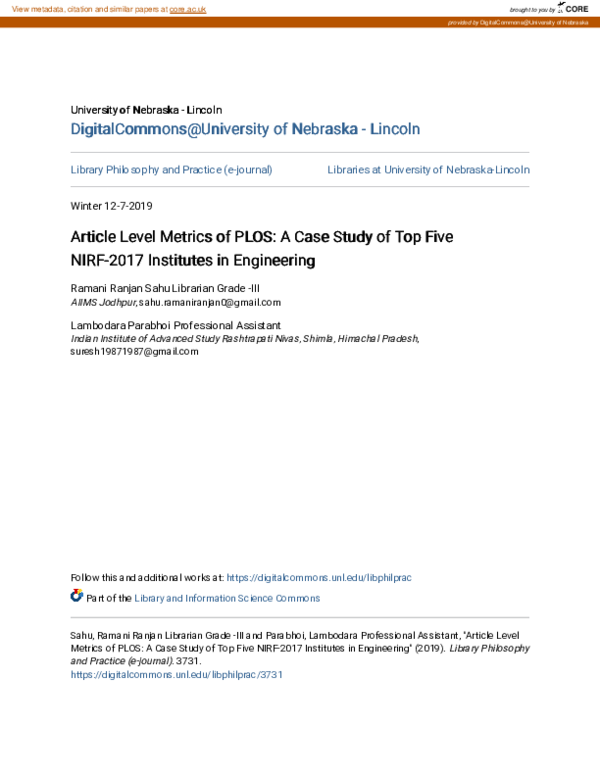 (PDF) Article Level Metrics of PLOS: A Case Study of Top Five NIRF-2017 ...