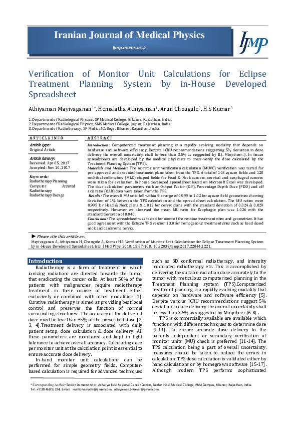 (PDF) Verification of Monitor unit calculations for eclipse Treatment ...