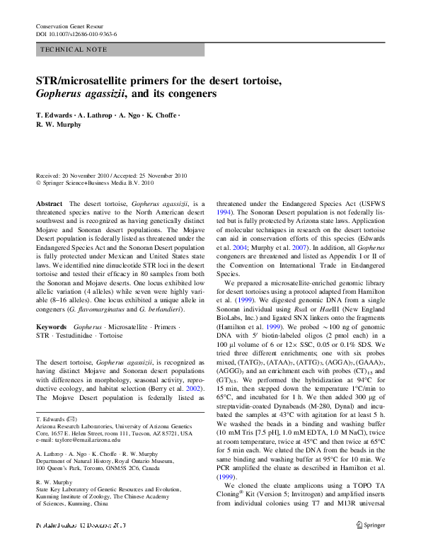 (PDF) STR/microsatellite primers for the desert tortoise, Gopherus ...
