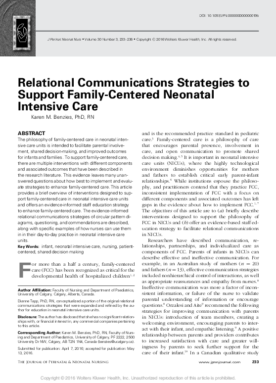 (PDF) Relational Communications Strategies to Support Family-Centered ...