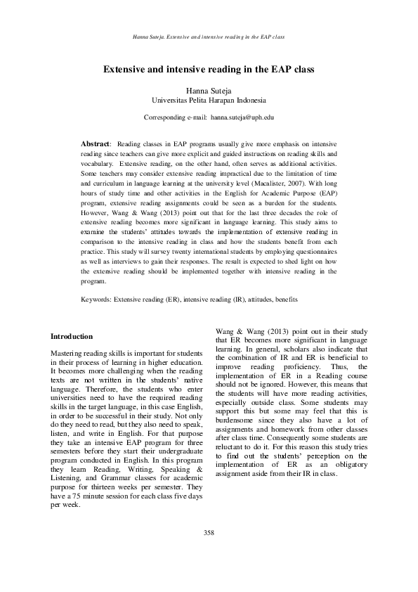 (PDF) Extensive and intensive reading in the EAP class