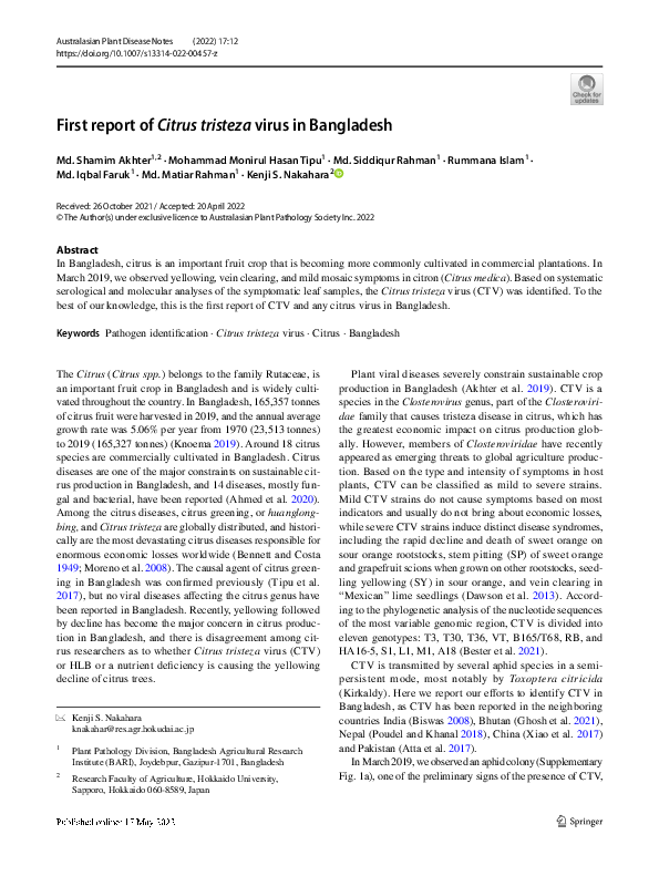 (PDF) First report of Citrus tristeza virus in Bangladesh | Iqbal Faruk ...