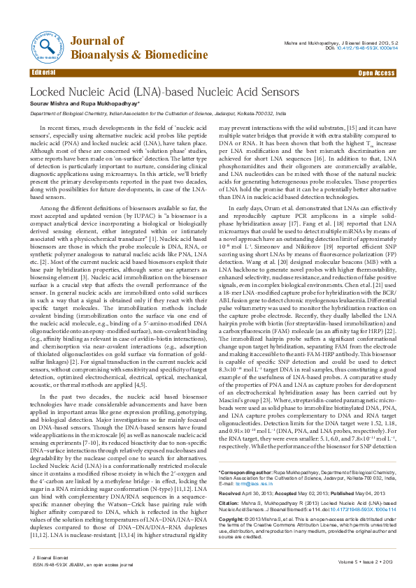(PDF) Locked Nucleic Acid (LNA)-based Nucleic Acid Sensors