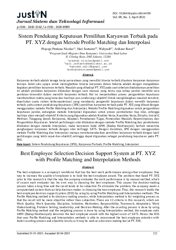 (PDF) Sistem Pendukung Keputusan Pemilihan Karyawan Terbaik pada PT. XYZ dengan Metode Profile ...
