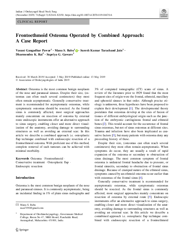 (PDF) Frontoethmoid Osteoma Operated by Combined Approach: A Case Report