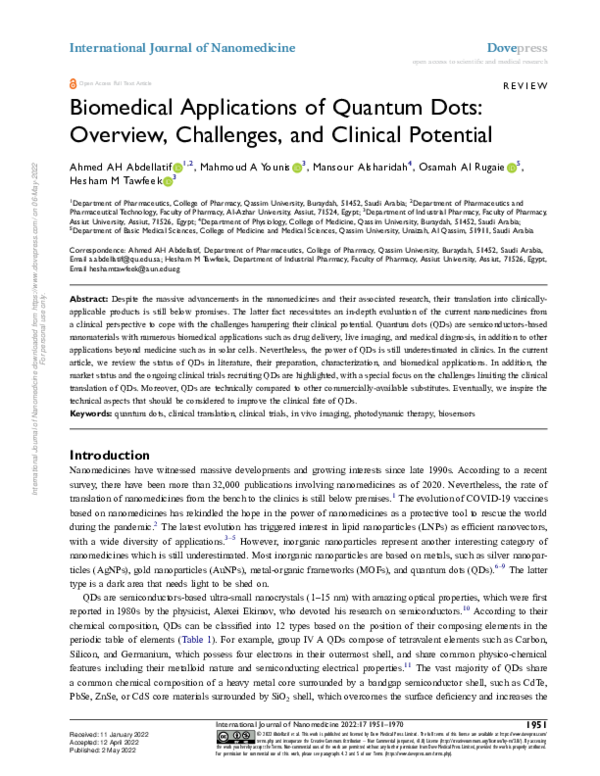 (PDF) Biomedical Applications of Quantum Dots: Overview, Challenges ...