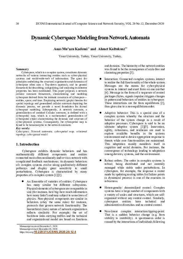 (PDF) Dynamic Cyberspace Modeling from Network Automata | Ahmet Koltuksuz - Academia.edu