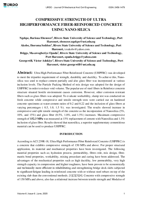 (PDF) COMPRESSIVE STRENGTH OF ULTRA HIGHPERFORMANCE FIBER-REINFORCED CONCRETE USING NANO-SILICA