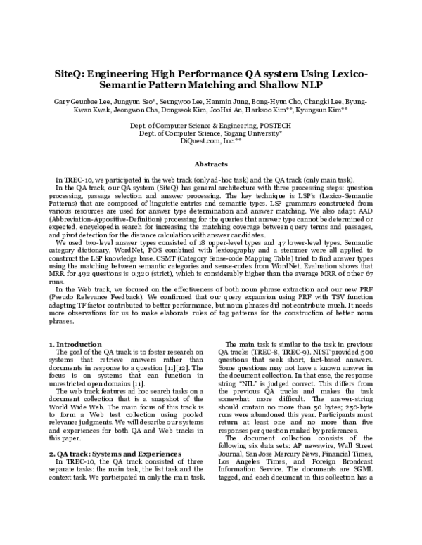 Pdf Siteq Engineering High Performance Qa System Using Lexico Semantic Pattern Matching And
