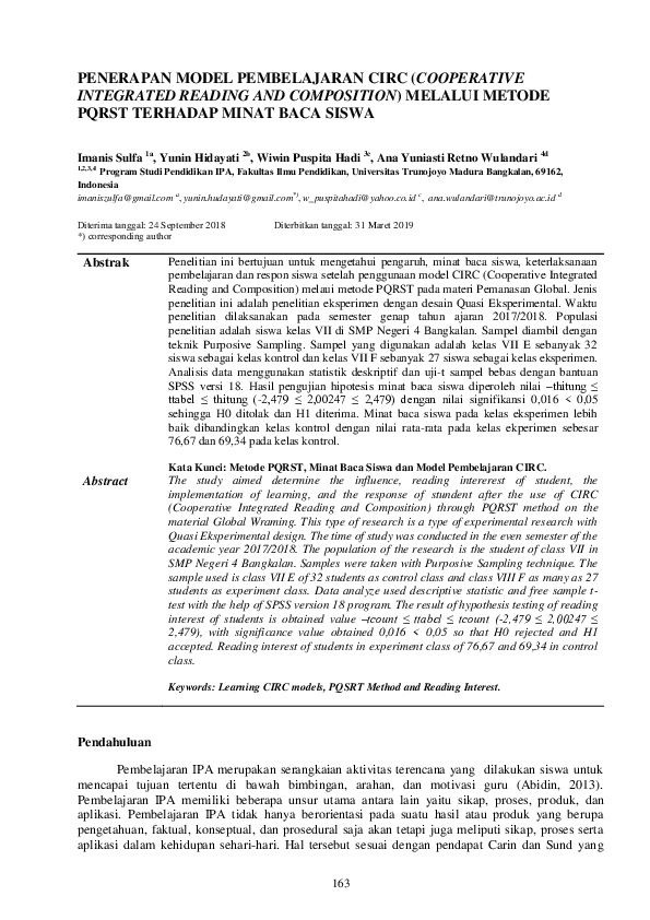 (PDF) Penerapan Model Pembelajaran Circ (Cooperative Integrated Reading and Composition) Melalui ...