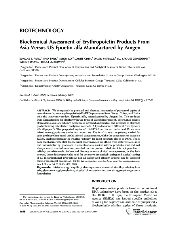 (PDF) Biochemical Assessment of Erythropoietin Products From Asia ...