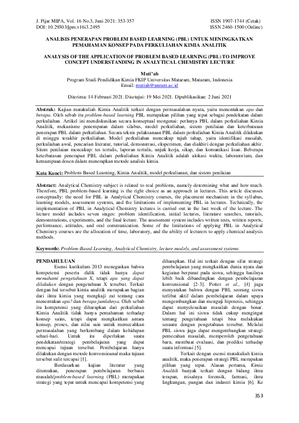 (PDF) Analisis Penerapan Problem Based Learning (PBL) untuk Meningkatkan Pemahaman Konsep pada ...