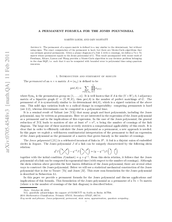 (PDF) A permanent formula for the Jones polynomial