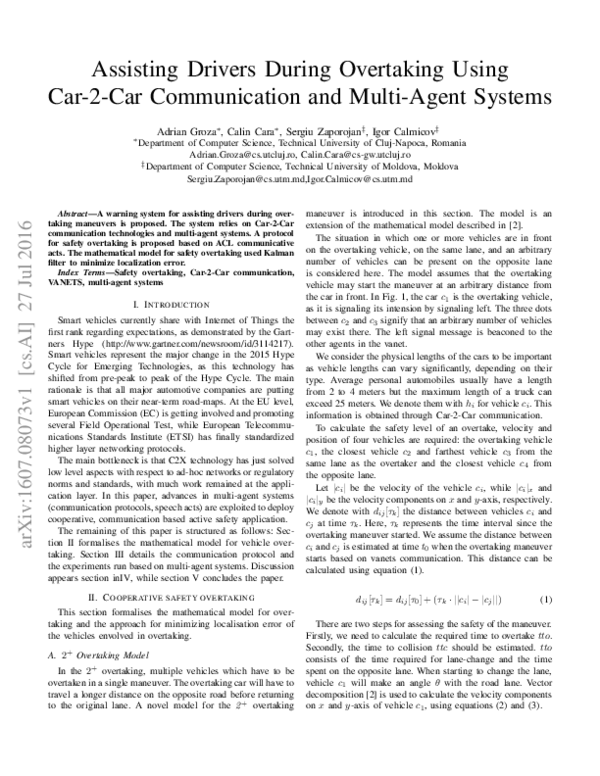 (PDF) Assisting drivers during overtaking using Car-2-Car communication and multi-agent systems ...