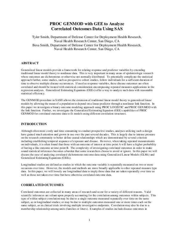 Pdf Proc Genmod With Gee To Analyze Correlated Outcomes Data Using Sas