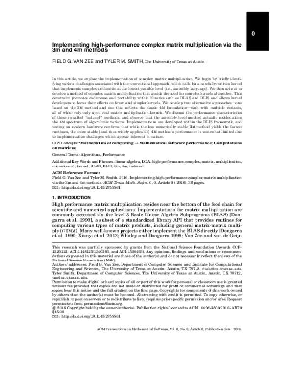 (PDF) 0 Implementing high-performance complex matrix multiplication via the 3 m and 4 m methods