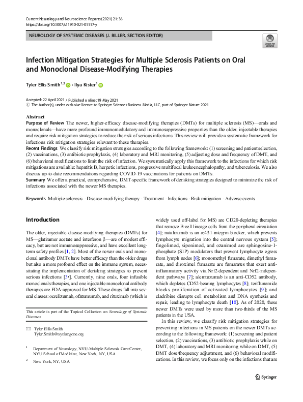 (PDF) Infection Mitigation Strategies for Multiple Sclerosis Patients on Oral and Monoclonal ...