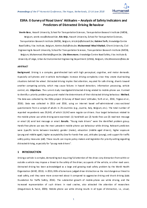 (PDF) ESRA : E-survey of road users’ attitudes : analysis of safety indicators and predictors of ...