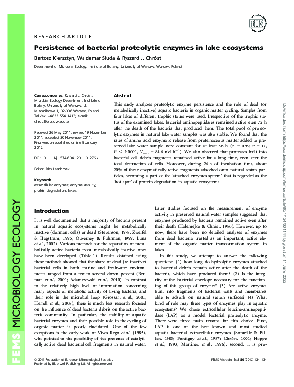 (PDF) Persistence of bacterial proteolytic enzymes in lake ecosystems