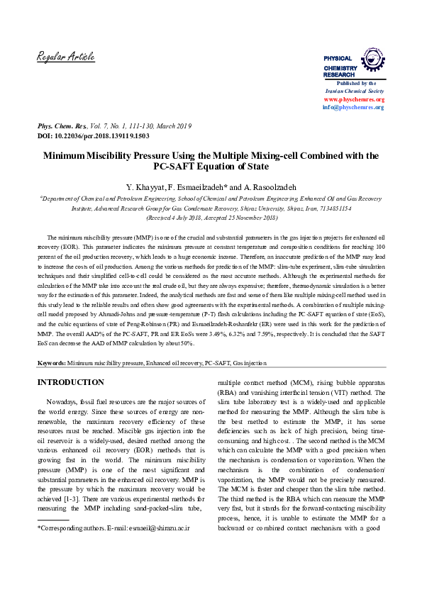 (PDF) Minimum Miscibility Pressure Using the Multiple Mixing-cell ...