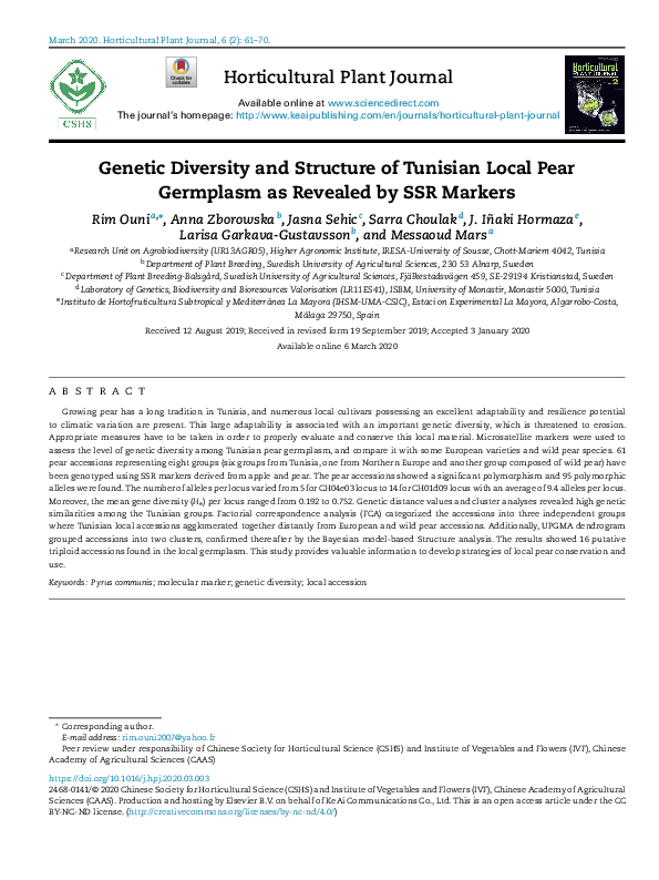 (PDF) Genetic Diversity and Structure of Tunisian Local Pear Germplasm ...