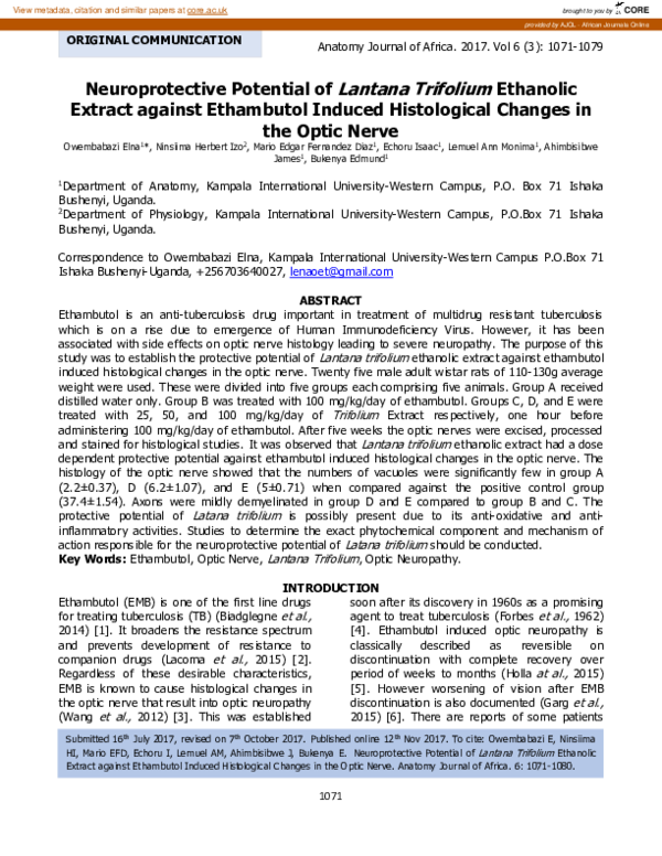 (PDF) Neuroprotective potential of Lantana trifolium ethanolic extract against ethambutol ...