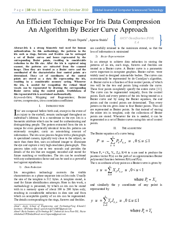 (PDF) An Efficient Technique For Iris Data Compression An Algorithm By Bezier Curve Approach