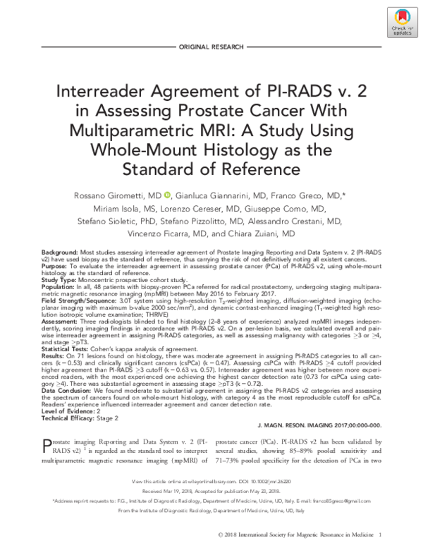 (PDF) Interreader agreement of PI-RADS v. 2 in assessing prostate cancer with multiparametric ...