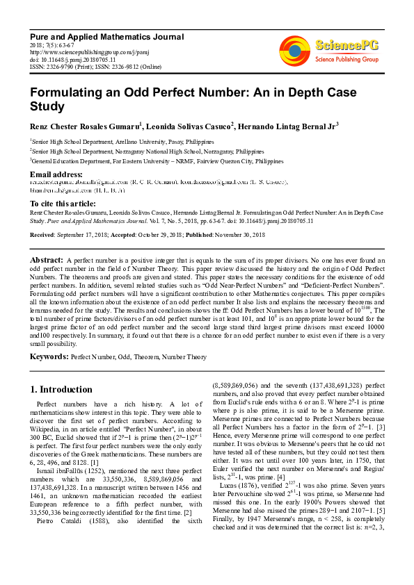 (PDF) Formulating an Odd Perfect Number: An in Depth Case Study (PDF) Formulating an Odd Perfect Number: An in Depth Case Study