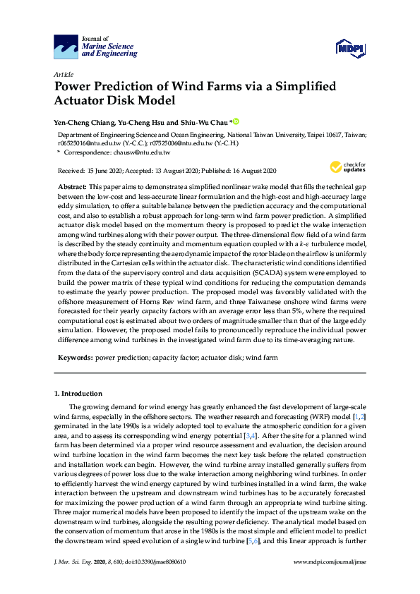 (PDF) Power Prediction of Wind Farms via a Simplified Actuator Disk Model