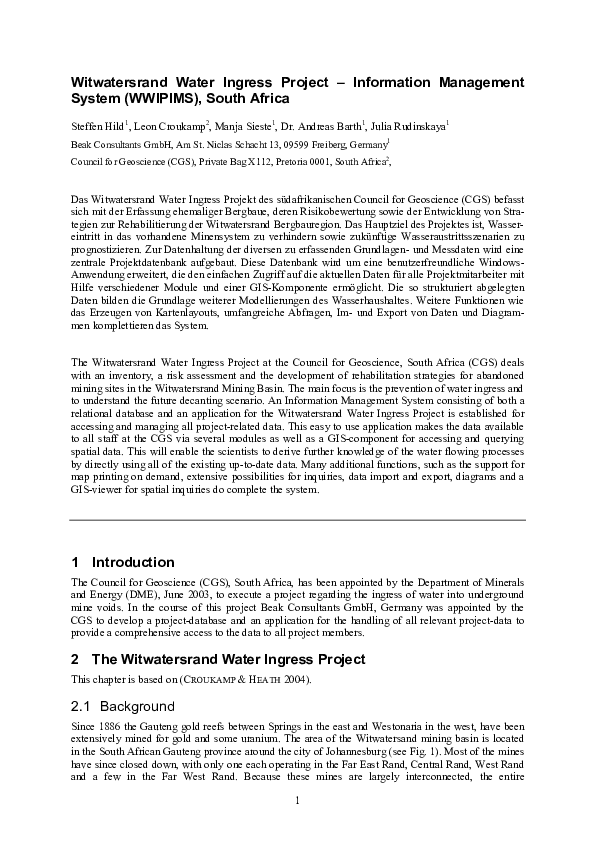 (PDF) Witwatersrand Water Ingress Project - Information Management ...