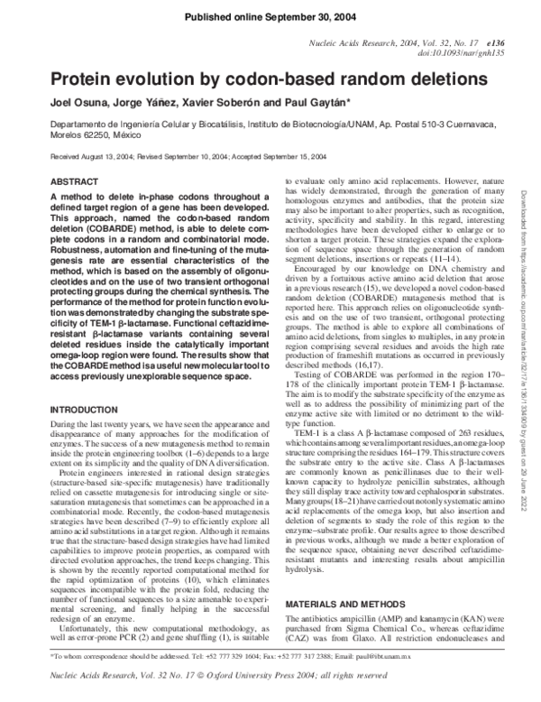 (PDF) Protein evolution by codon-based random deletions | Jorge Ya ...