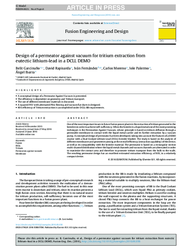 (PDF) Design of a permeator against vacuum for tritium extraction from ...