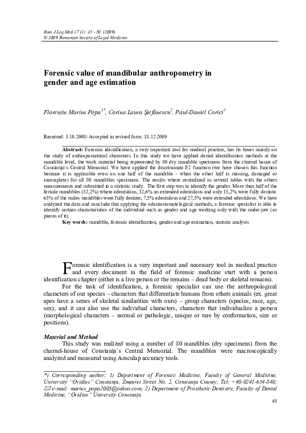 Pdf Forensic Value Of Mandibular Anthropometry In Gender And Age Estimation