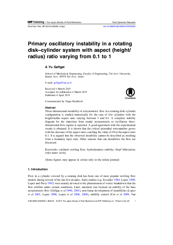 (PDF) Primary oscillatory instability in a rotating disk–cylinder system with aspect (height ...