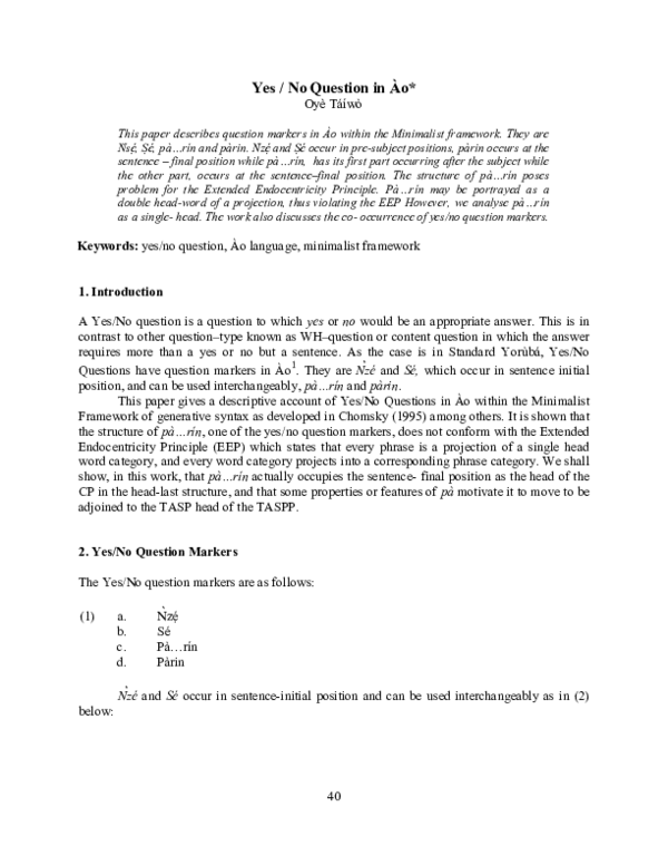 (PDF) Yes / No Question in Ào*
