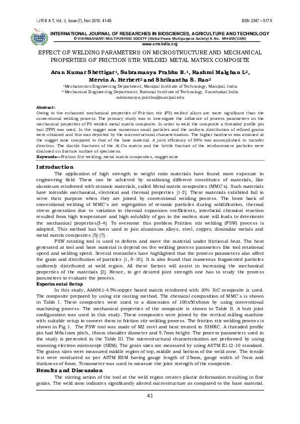 (PDF) Effect of welding parameters on microstructure and mechanical Properties of friction stir ...