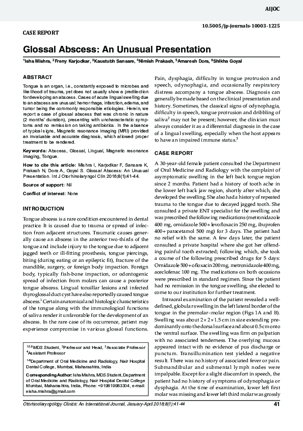 (PDF) Glossal Abscess: An Unusual Presentation