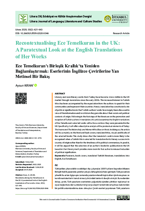 (PDF) Recontextualising Ece Temelkuran in the UK: A Paratextual Look at ...