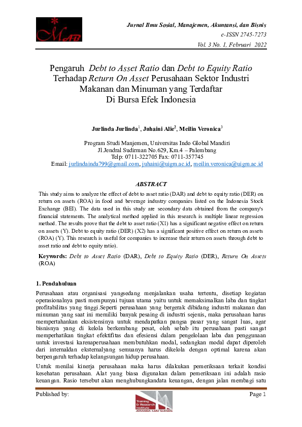 (PDF) Pengaruh Debt to Asset Ratio dan Debt to Equity Ratio Terhadap ... (PDF) Pengaruh Debt to Asset Ratio dan Debt to Equity Ratio Terhadap ...