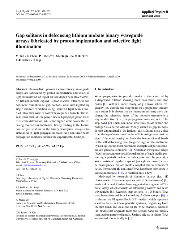 Pdf Gap Solitons In Defocusing Lithium Niobate Binary Waveguide
