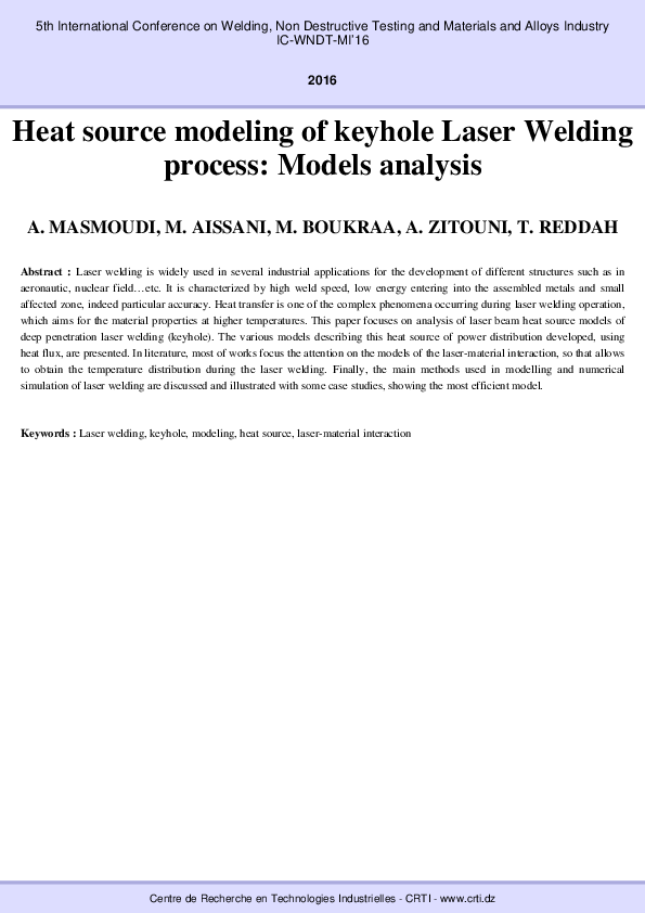 (PDF) Heat source modeling of keyhole Laser Welding process: Models analysis
