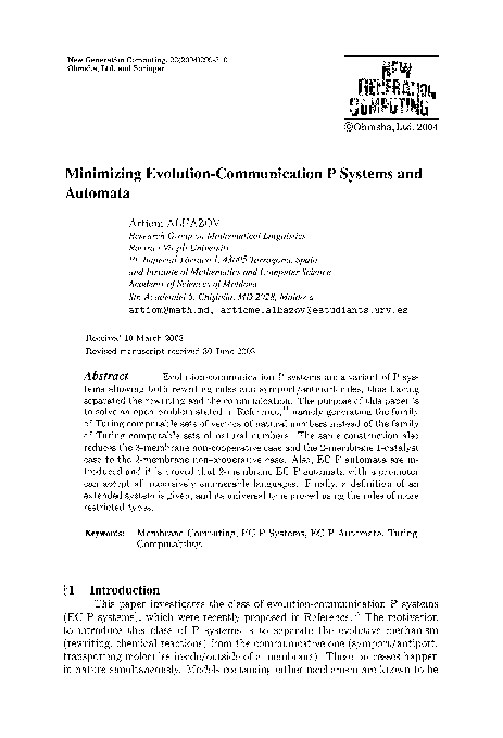 (PDF) Minimizing evolution-communication P systems and automata
