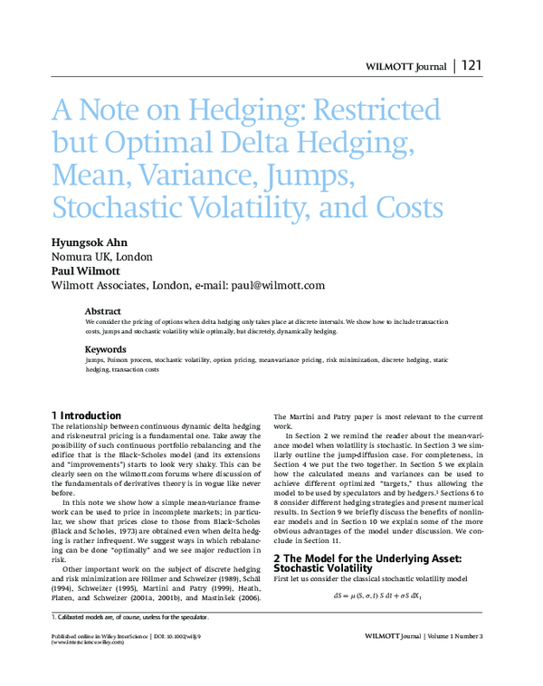 Pdf A Note On Hedging Restricted But Optimal Delta Hedging Mean Variance Jumps Stochastic