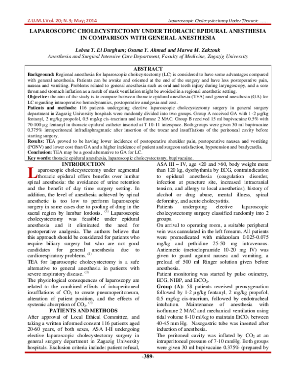 Pdf Laparoscopic Cholecystectomy Under Thoracic Epidural Anesthesia
