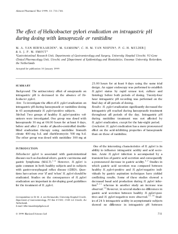 (PDF) The effect of Helicobacter pylori eradication on intragastric pH during dosing with ...
