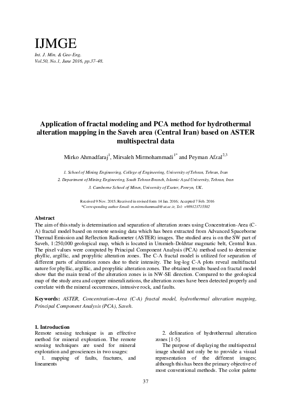 Pdf Application Of Fractal Modeling And Pca Method For Hydrothermal Alteration Mapping In The