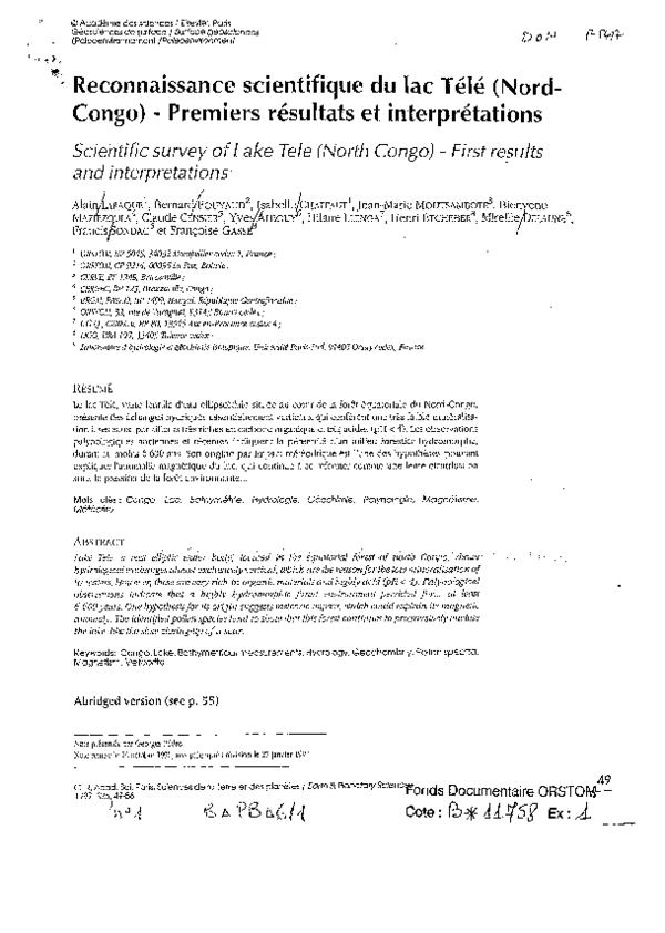 (PDF) Reconnaissance scientifique du lac Télé (Nord-Congo) —Premiers ...