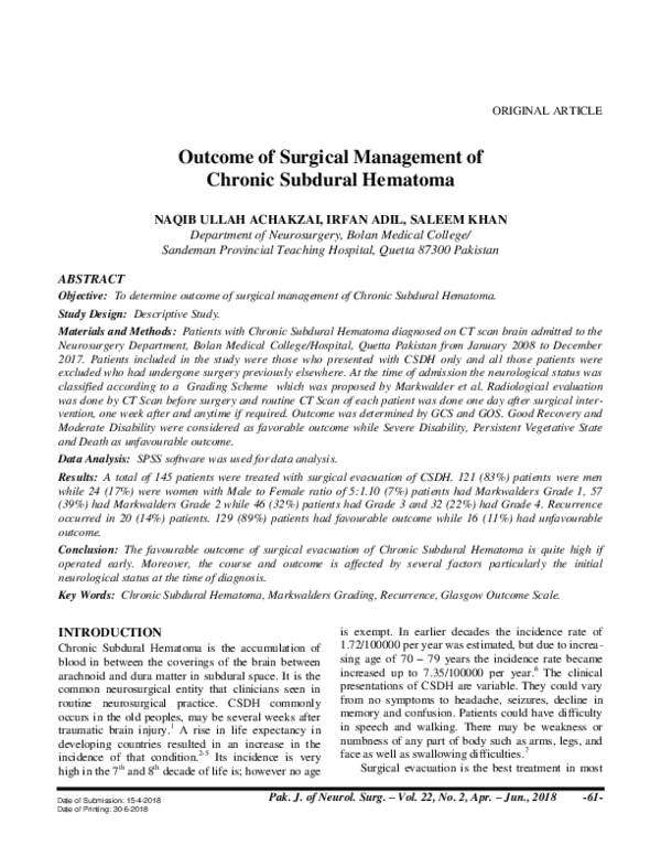 (PDF) Outcome of Surgical Management of Chronic Subdural Hematoma
